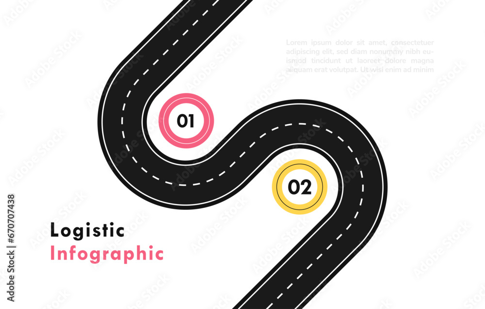Route infographic template. Winding asphalt road map with two steps ...
