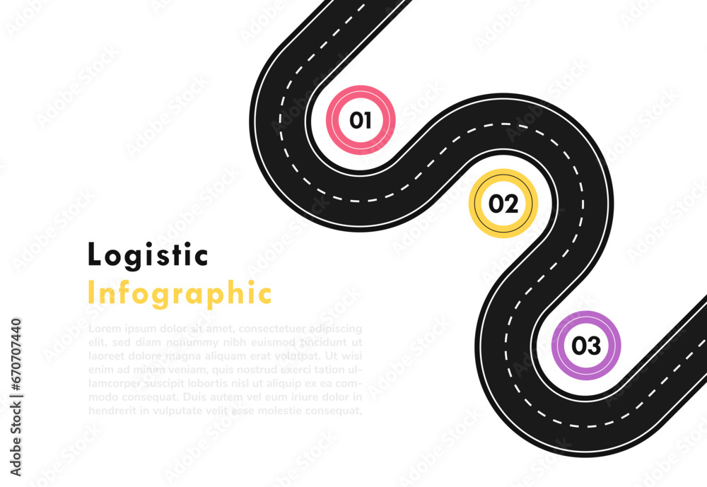 Route infographic template. Winding asphalt road map with three steps ...