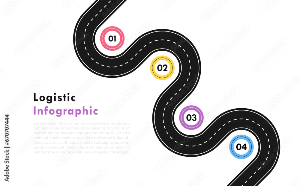Route infographic template. Winding asphalt road map with four steps ...
