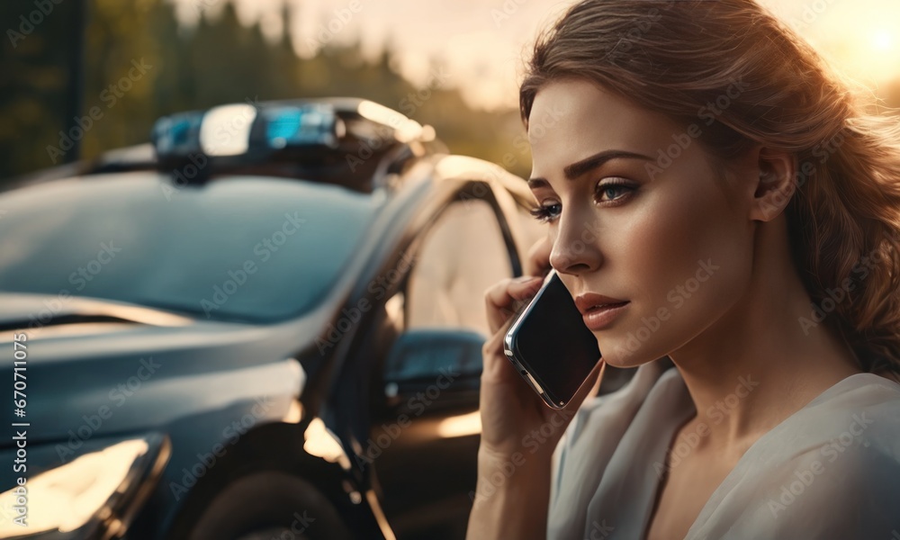 Scared woman in stress portrait near auto crash calling to auto ...