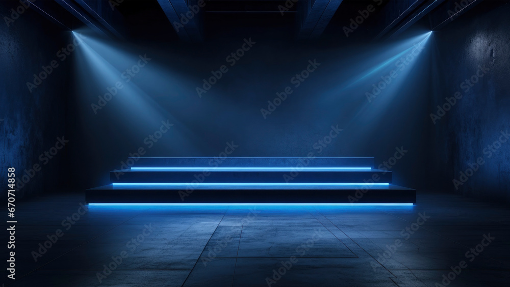 Abstract blue concrete stage, room, floor, scene with stairs and ...