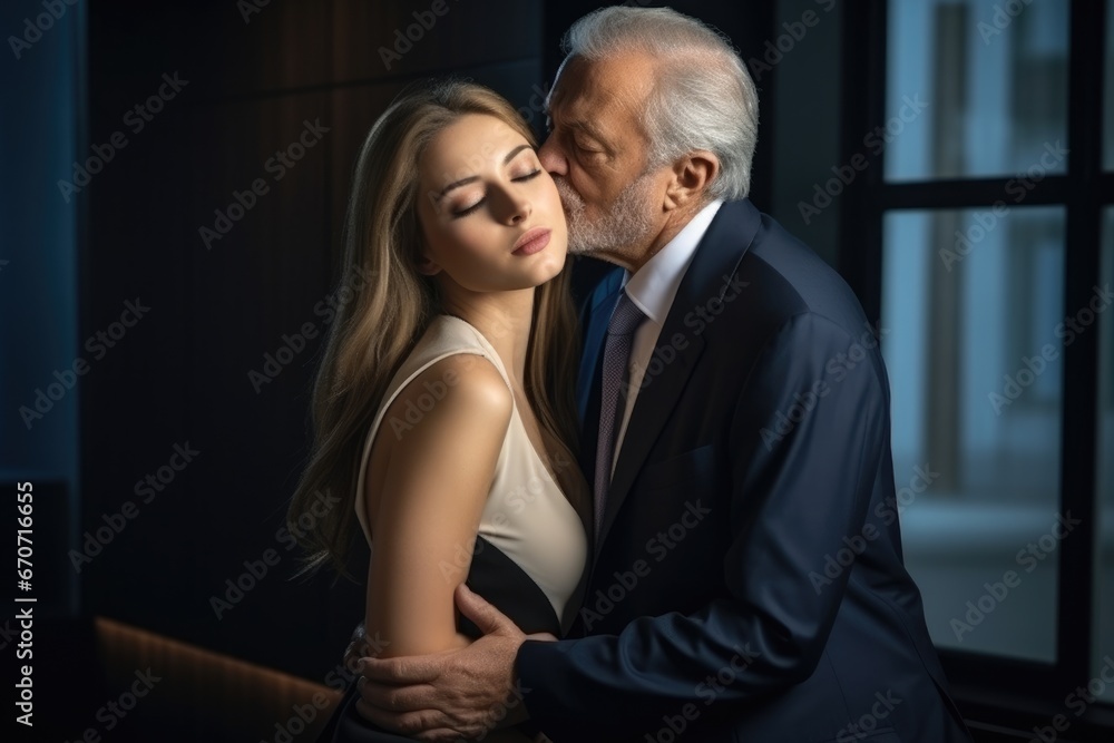 Wealthy Old Man Kissing A Beautiful Attractive Stylish Young Woman
