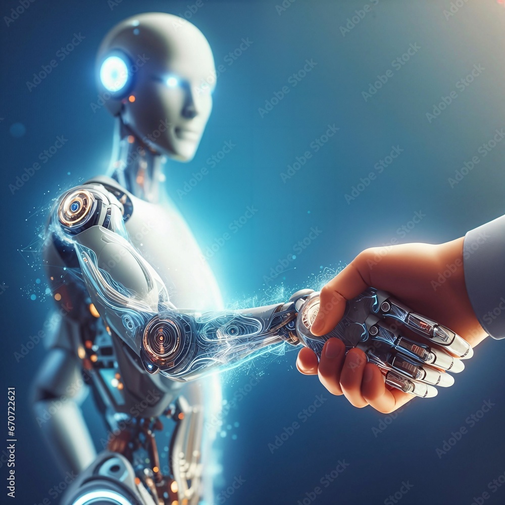 Closeup of handshake between a human and an AI robot. Shaking hands ...