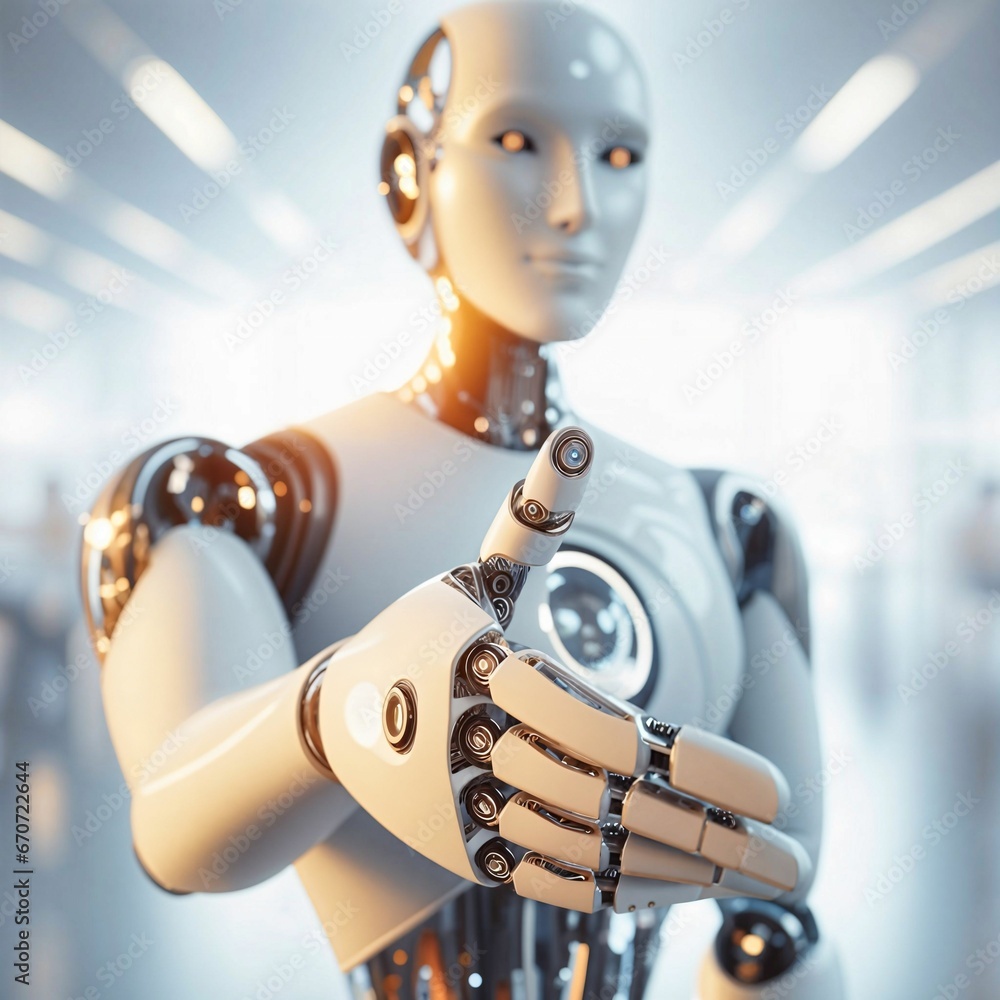 Closeup of an AI robot offering handshake. Shaking hands with a ...