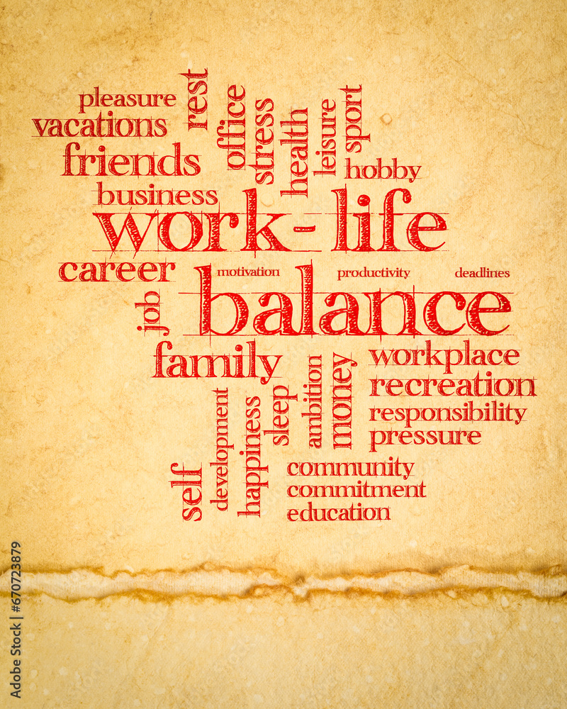 work life balance word cloud on art paper, career and lifestyle concept ...