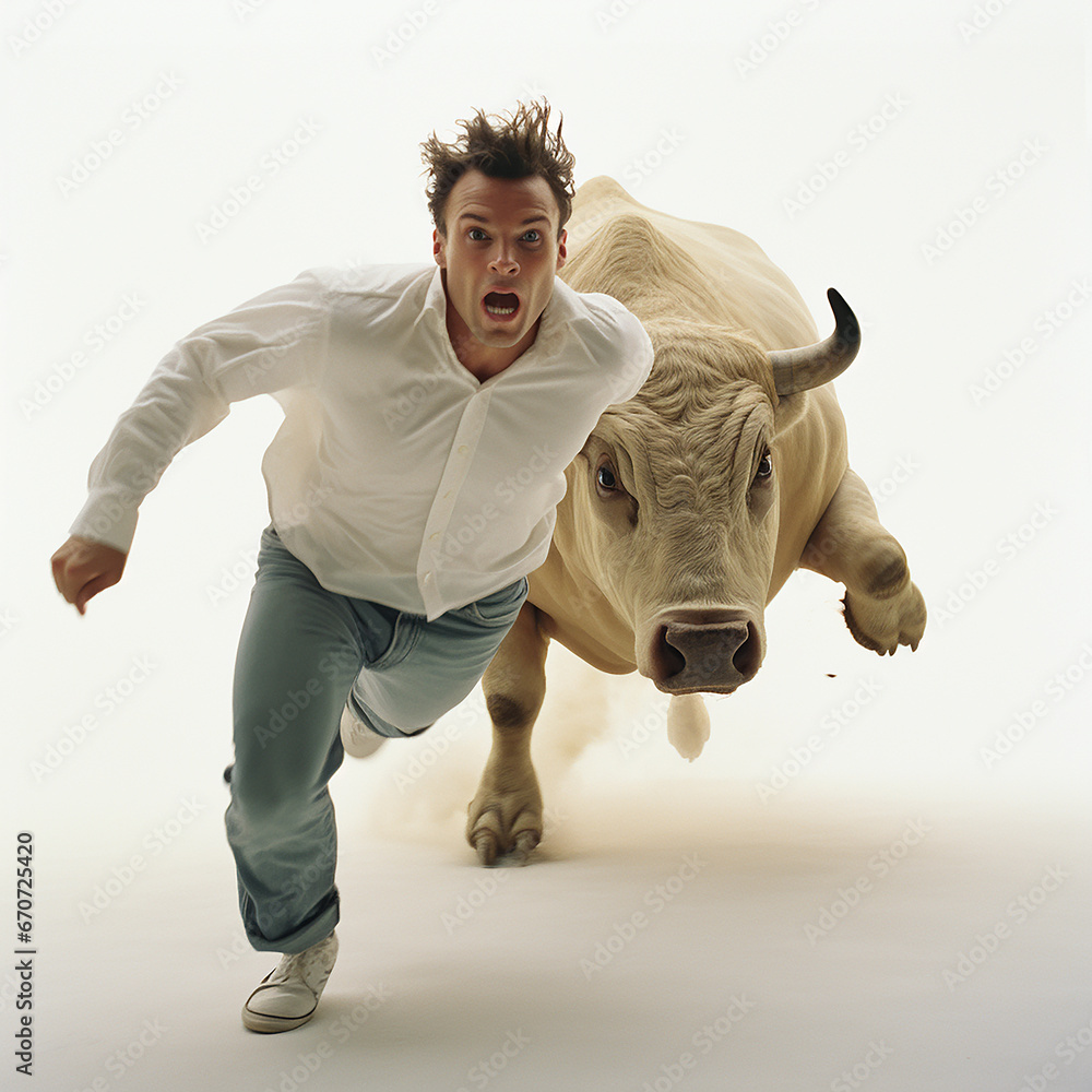 Frightened man running away from an angry huge bull, close-up on a ...
