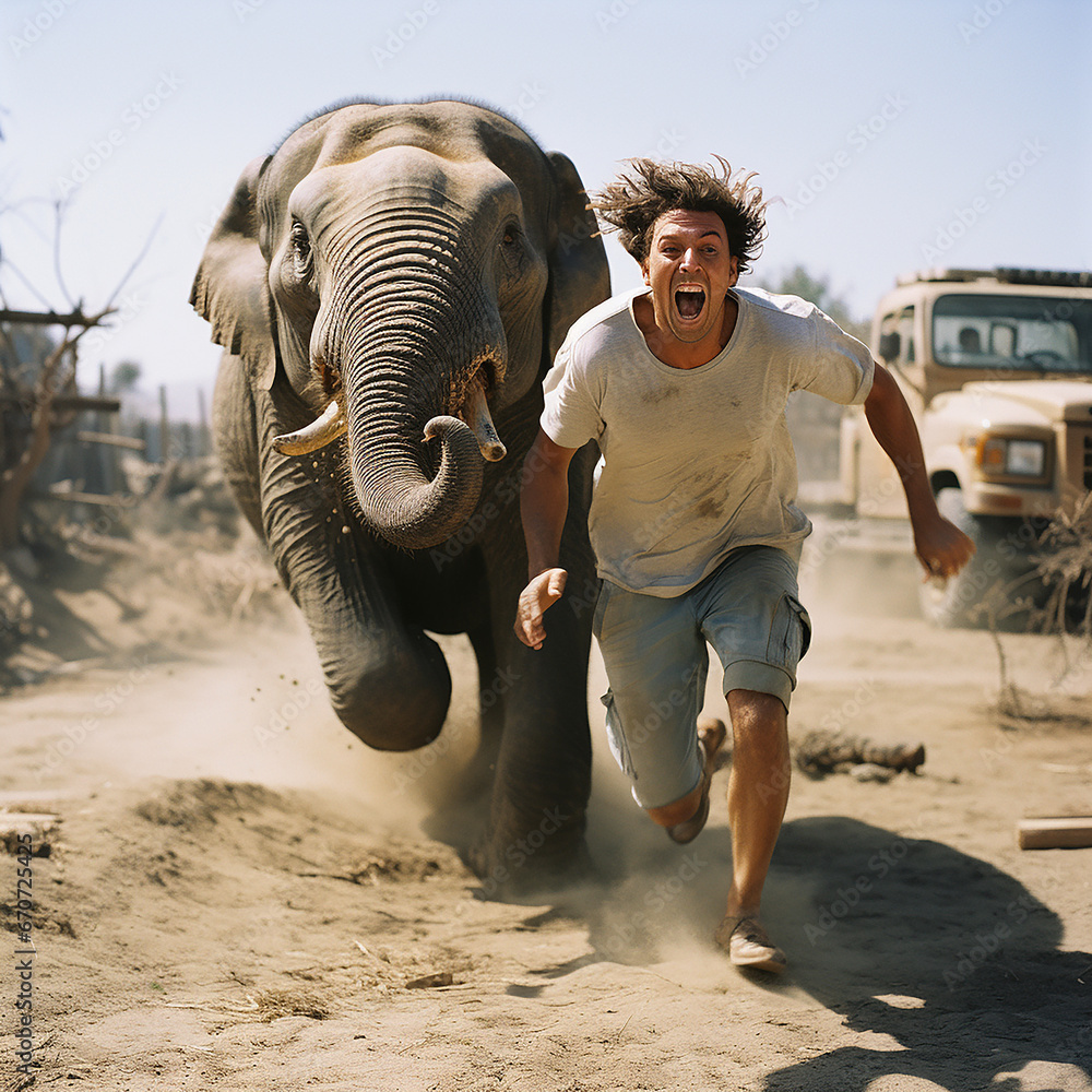 Frightened man running away from an angry huge predatory elephant with ...