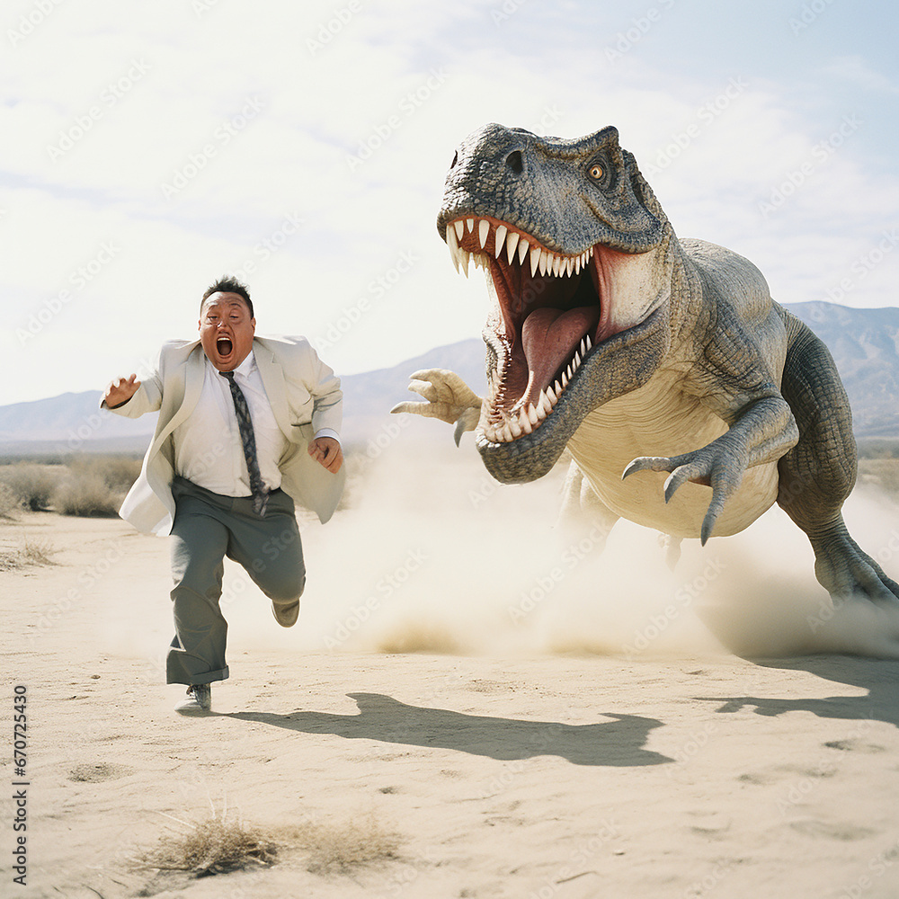 Frightened man runs away from the angry huge predatory dinosaur ...