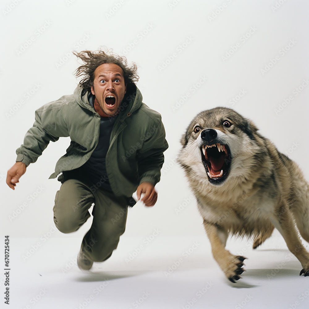 Frightened man running away from an angry huge predatory wolf with big ...
