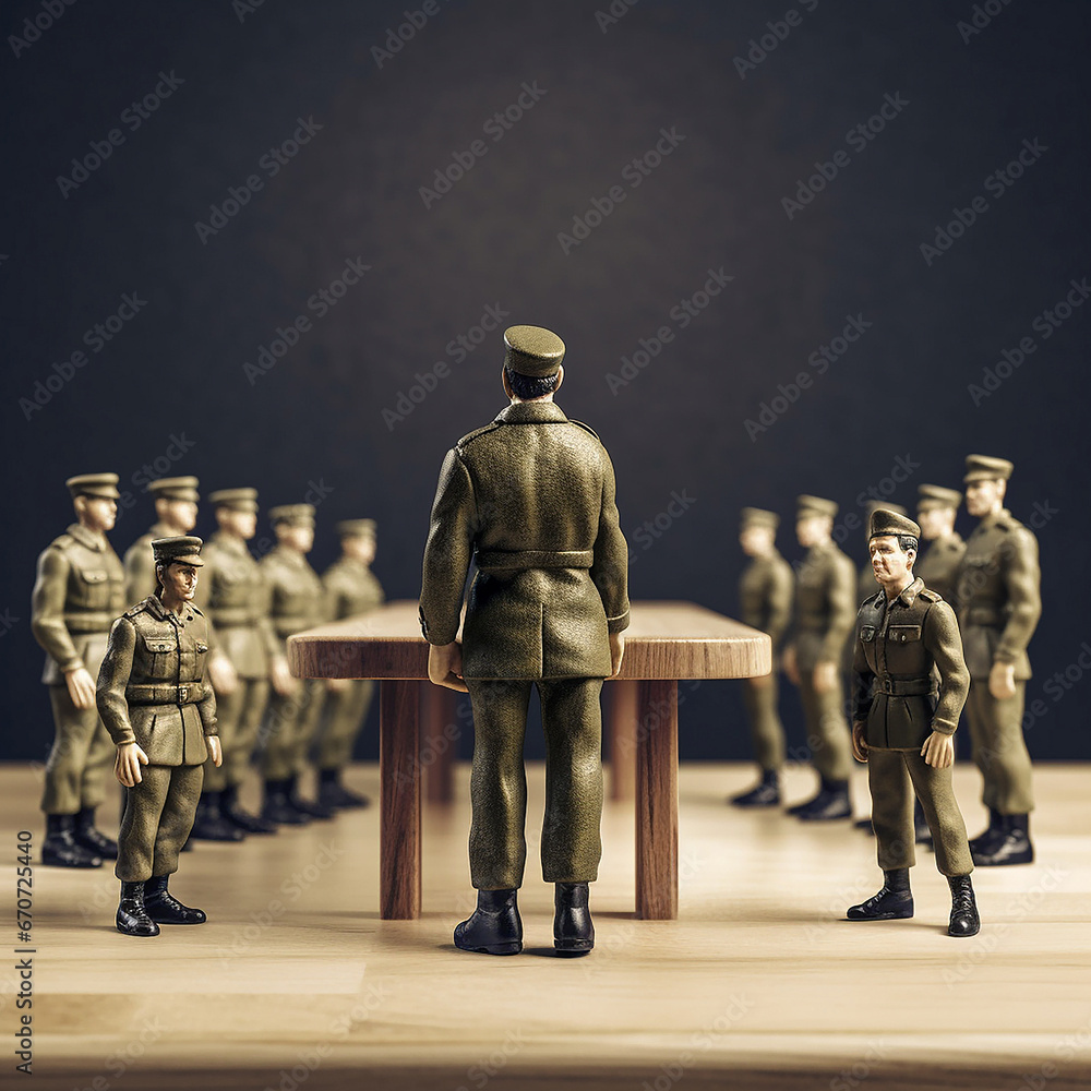 A large man in a military uniform stands in front of a line of small ...