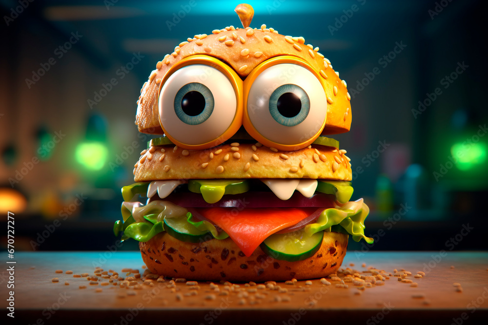 Children's burger. Funny cartoon chickenburger with eyes and mouth ...