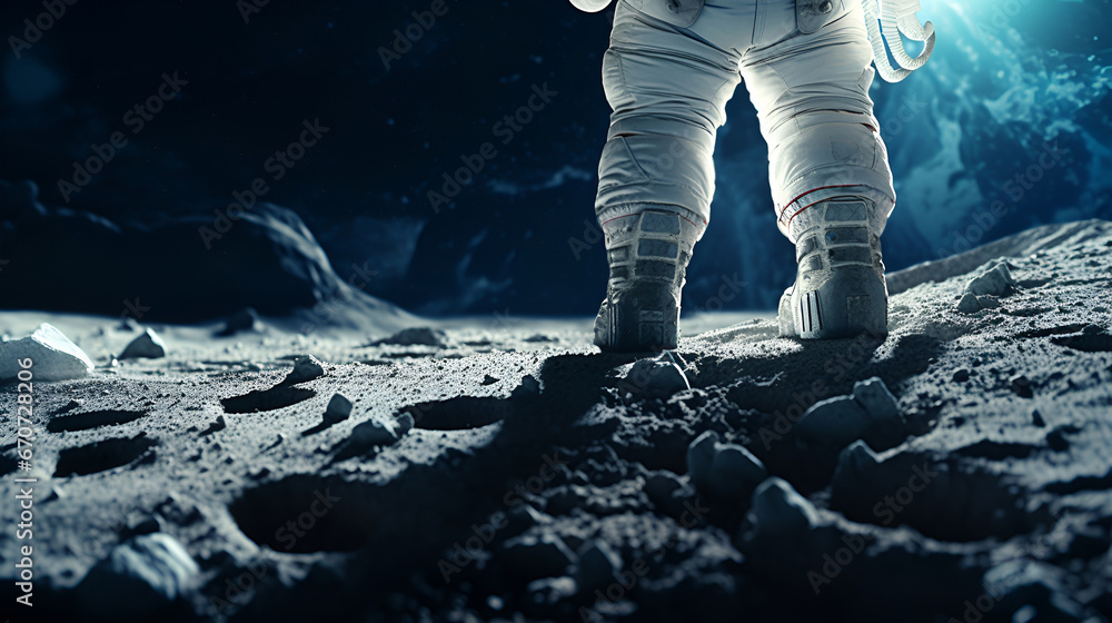 The astronaut's feet stand on the surface of the moon, rear view ...