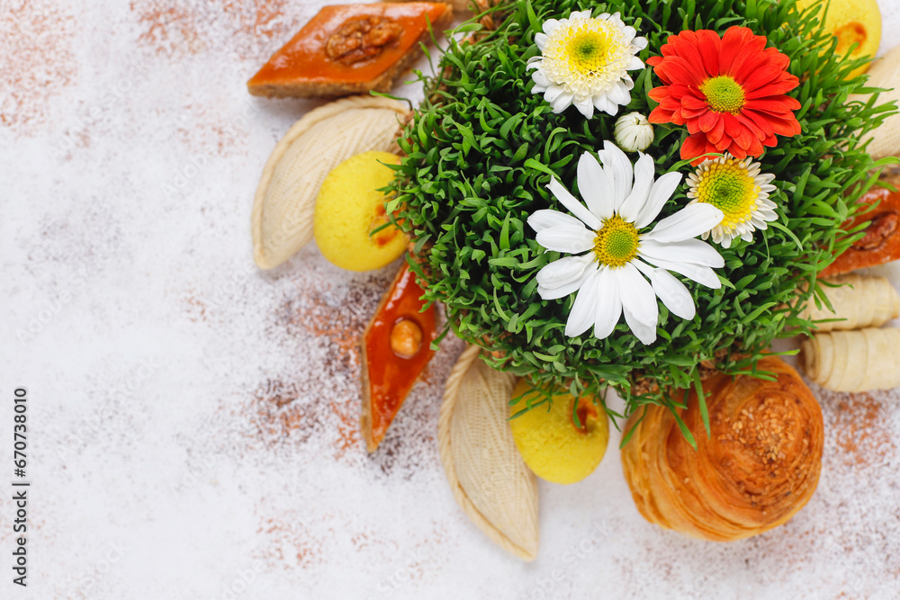 Traditional Azerbaijan holiday Novruz background with green semeni ...