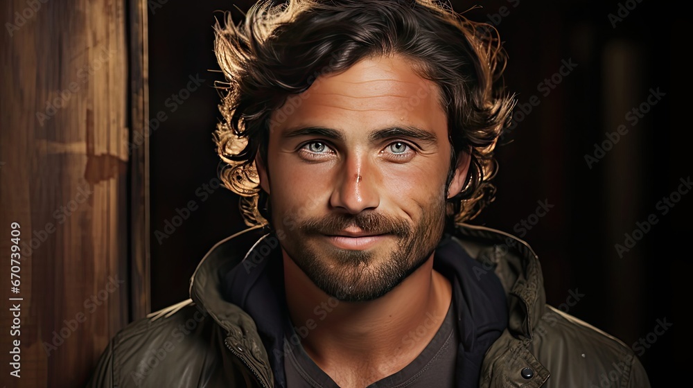 Handsome young man over grey grunge wall with a happy face standing and ...