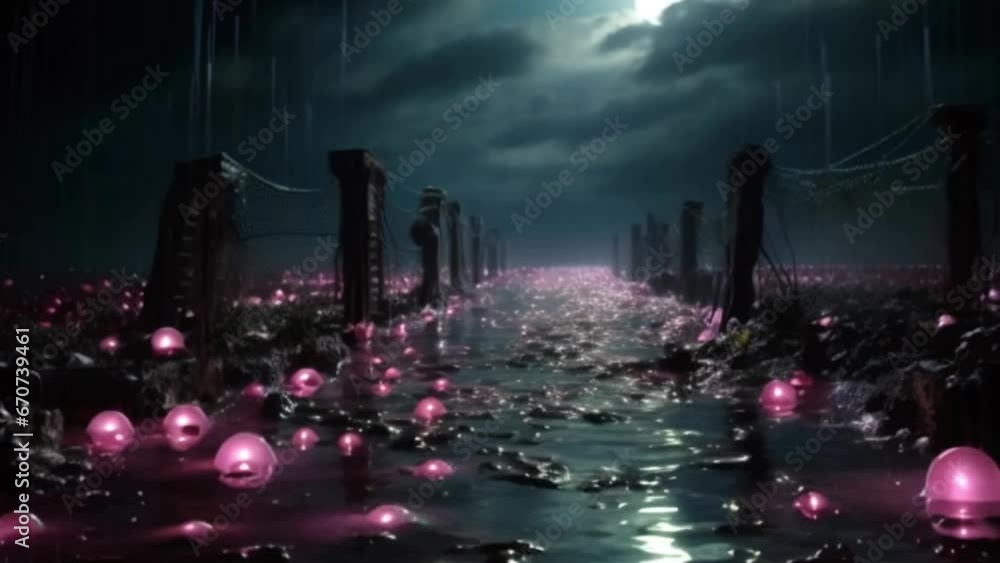 Post-Apocalyptic Scene: Black Sludge Stream, Pink Orbs, Cyber Ruins ...