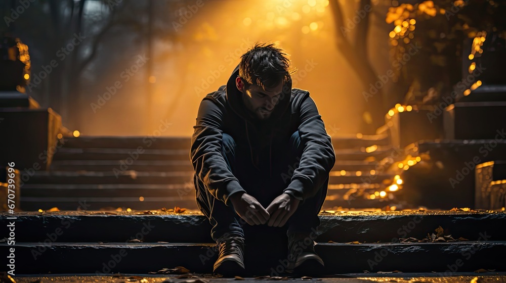 Silhouette of depressed man sitting on walkway of residence building ...