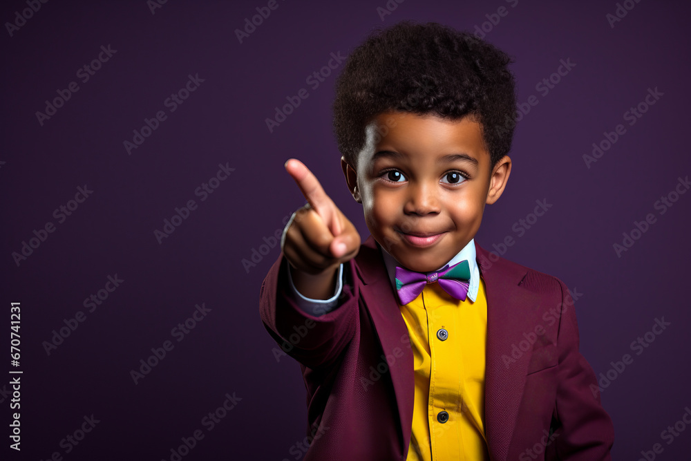 Smiling happy boy show thumb up finger pointing like isolated on a ...