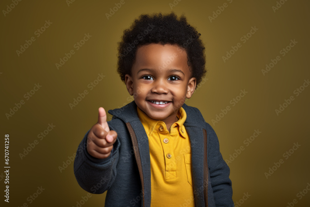 Smiling happy boy show thumb up finger pointing like isolated on a ...
