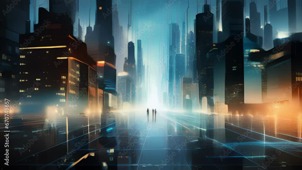 Closeup A city skyline, bustling with lights and movement, leaving the ...