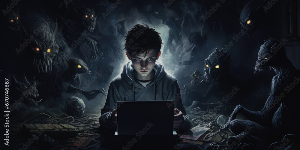 Cyber bullying, Young teenage boy using laptop, surrounded by online ...