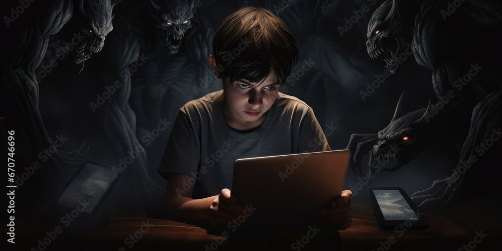 Cyber bullying, Young teenage boy using laptop, surrounded by online ...
