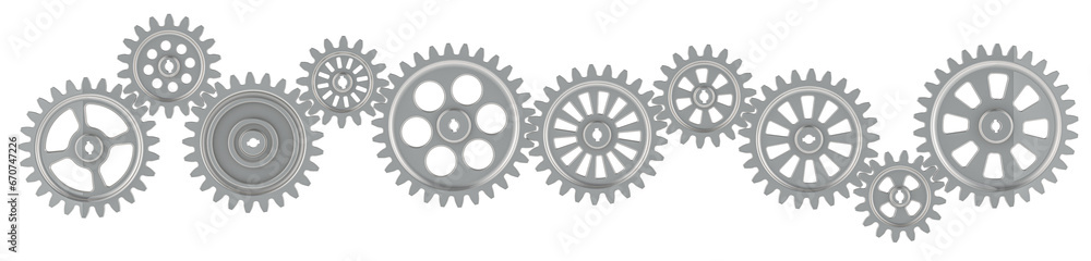 Row from steel cogs and gear wheels, 3D rendering isolated on ...