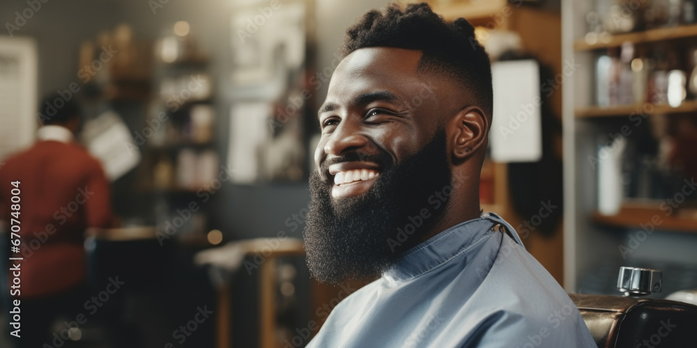 A man with a beard sits in a barber shop, wearing a smile. This image ...