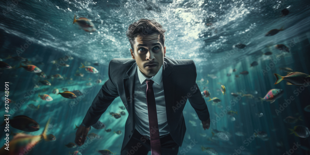Drowning at work, man in suit, swimming underwater, simulating working ...