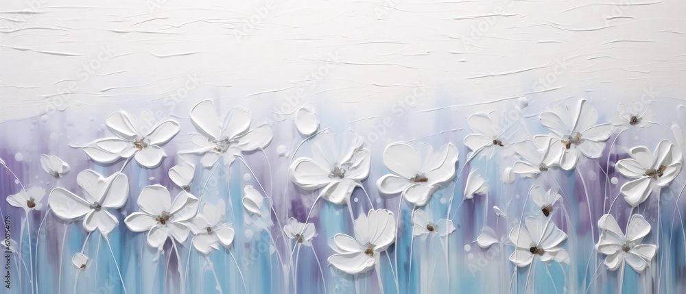 Blooming white flowers painted in thick impasto style layers of paint ...