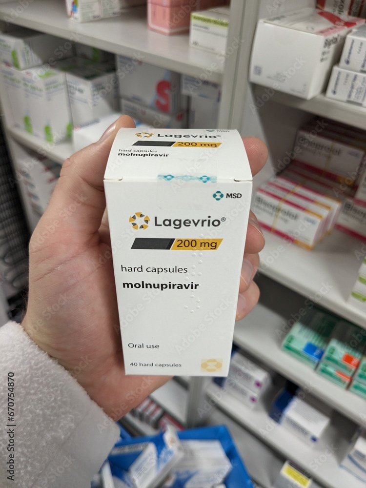 Prague,Czech republic- October 18 2023:LAGEVRIO MSD hard capsules with ...