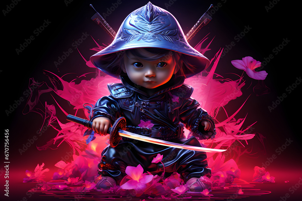 Cute neon baby ninja with sword in fighting stance with glowing pink ...