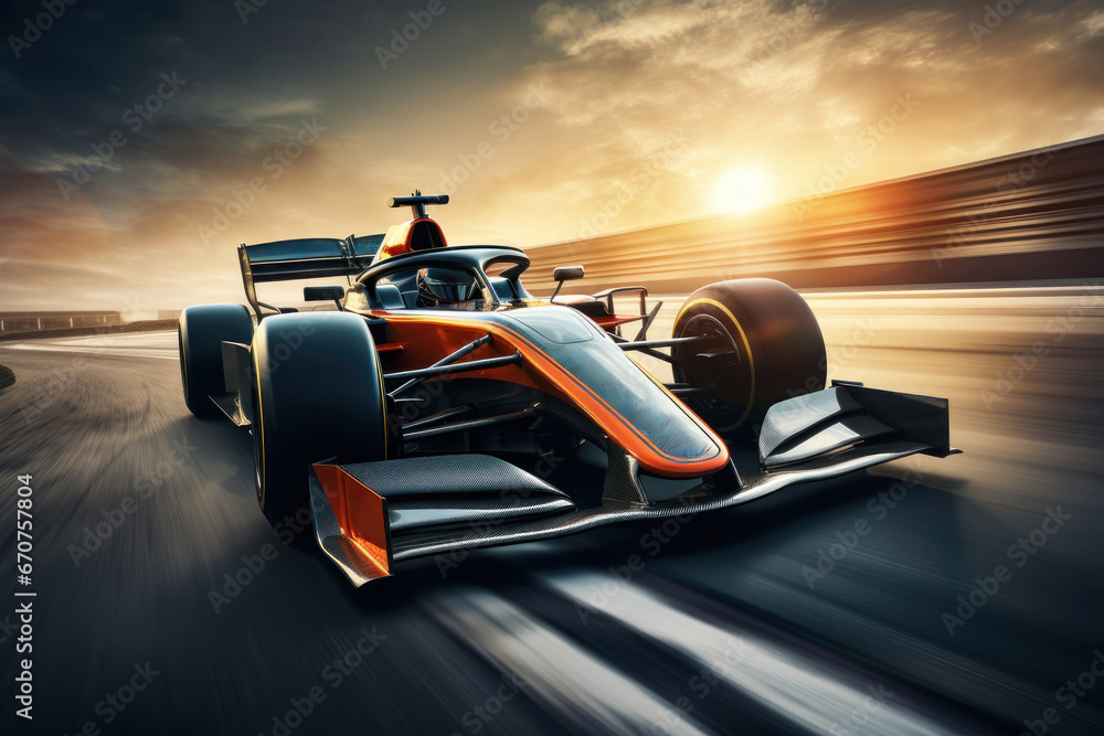 A racing car speeds around the track, with a racer at the wheel. This ...