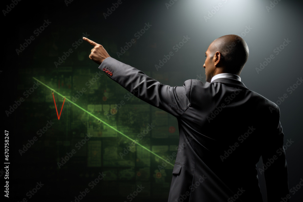 A businessman points toward an upward arrow, emphasizing carbon reduction for minimizing CO2 ...