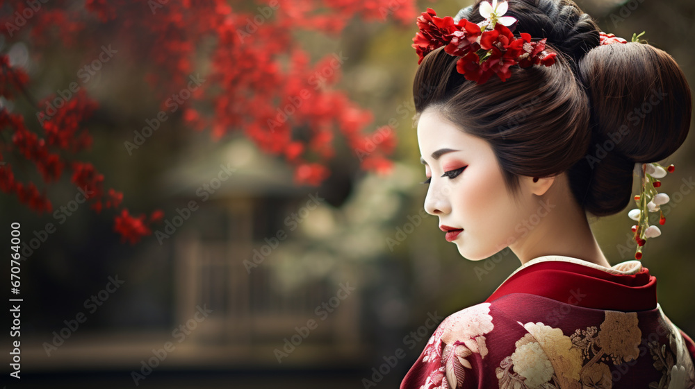 Traditional female geisha in a Japanese garden, red tree blossoms Stock ...