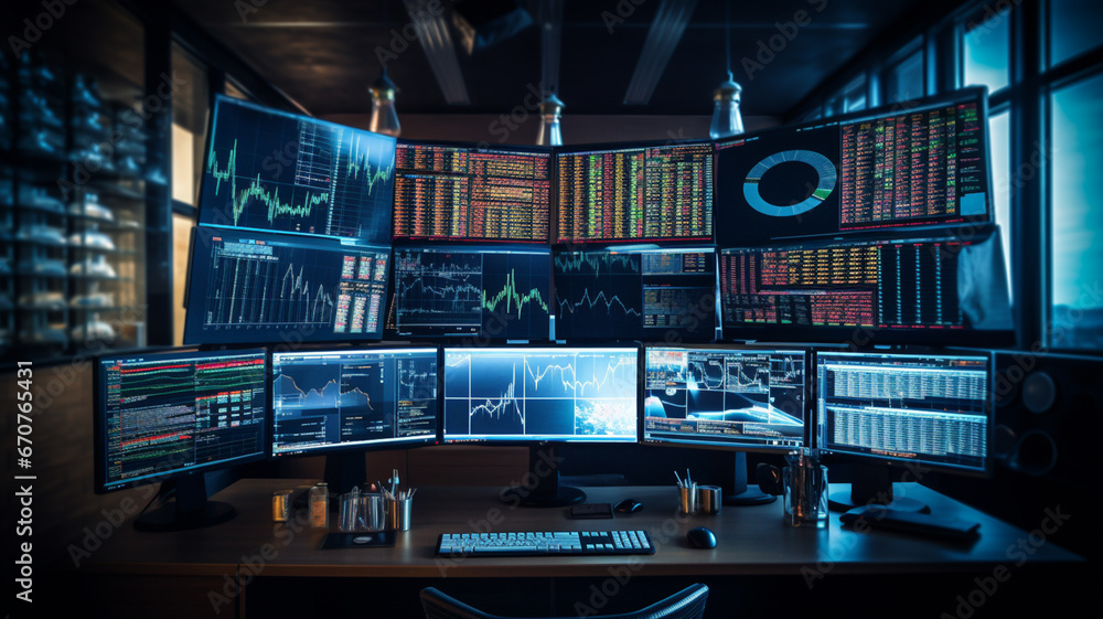 Many computer monitor screens with graphs and trading charts for stock ...
