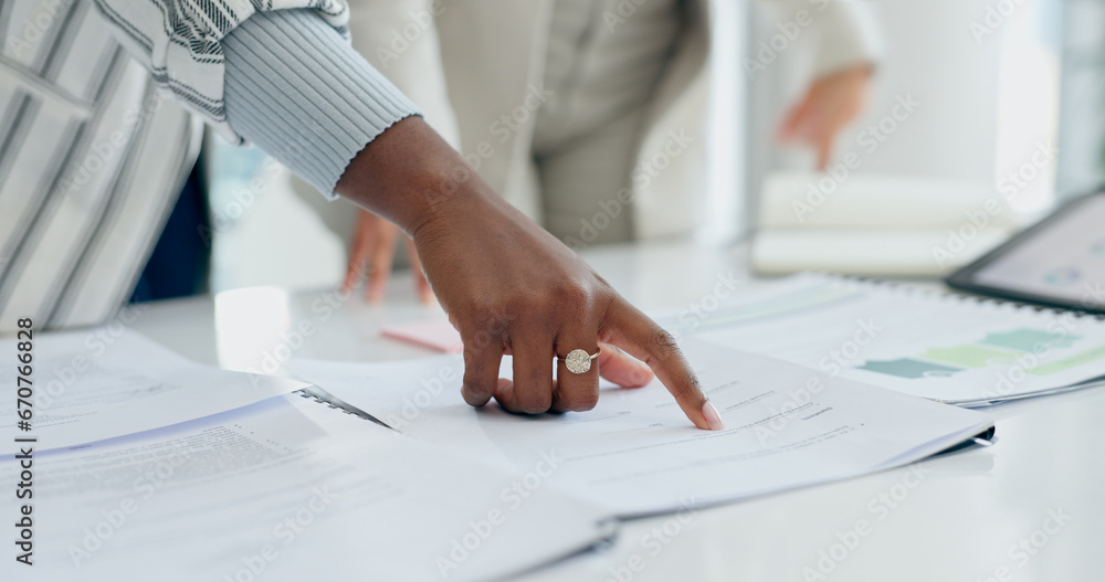 Hand, documents or planning with a business person reading information ...