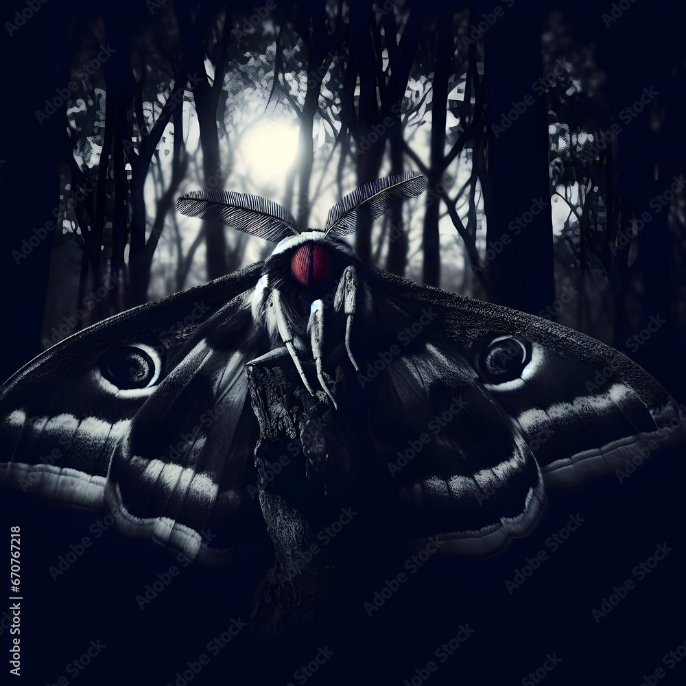 Mysterious Humanoid Horror Creature Cryptid Mothman Monster with Glowing Red Eyes and Wings in ...