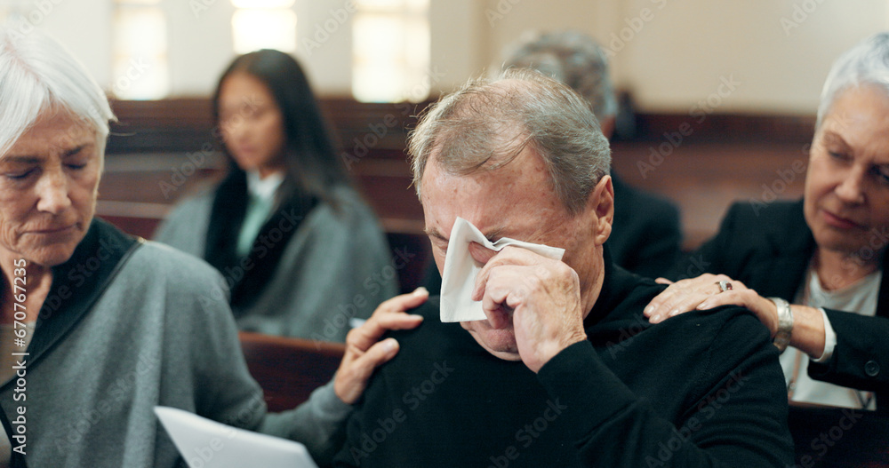Sad, funeral and elderly man crying in church for God, holy spirit or ...