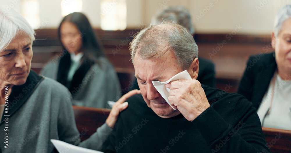 Sad, funeral and senior man crying in church for God, holy spirit or ...