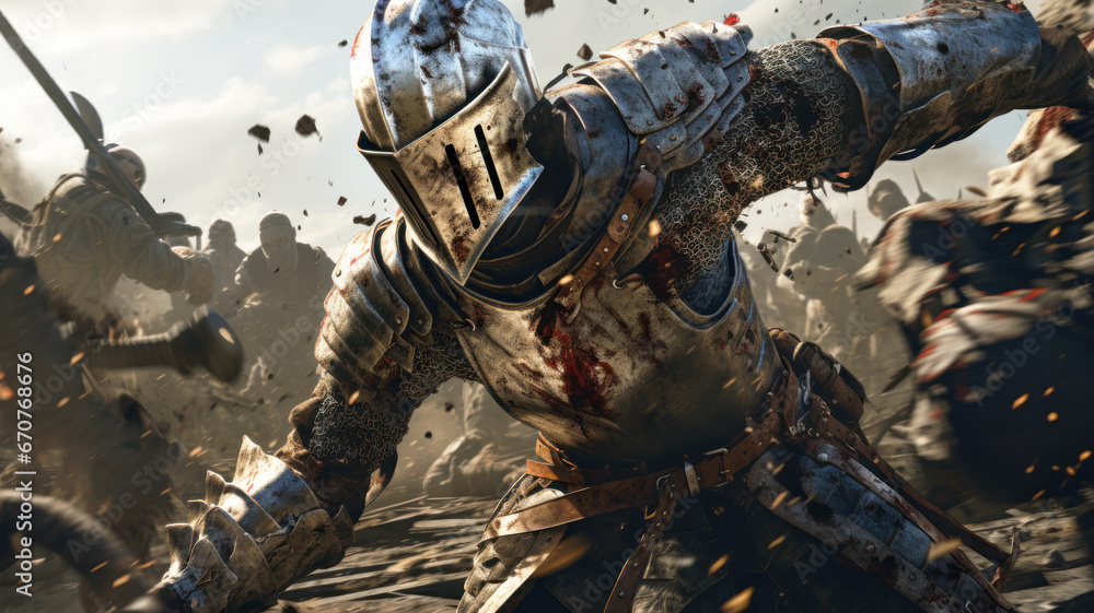 Warrior in metal armor fights in battle, close view of medieval knight ...