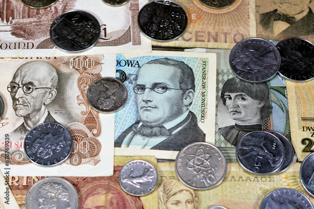 Old money currency of banknotes and coins from different countries of ...