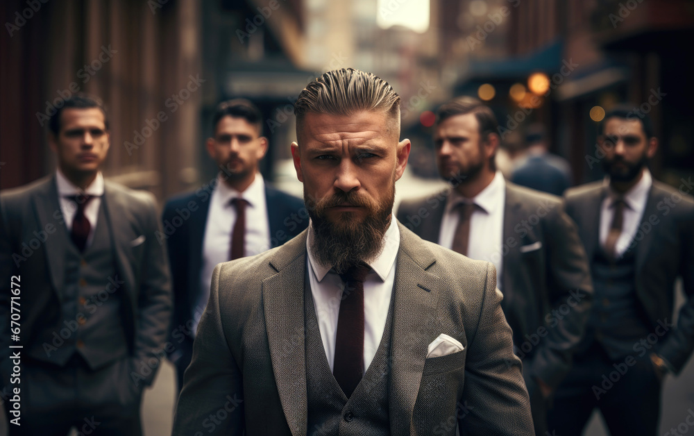 Handsome tattooed gangster man, with a beard in a luxurious suit ...