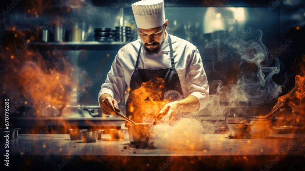 Double exposure photography of close up chef and the kitchen, sunset ...