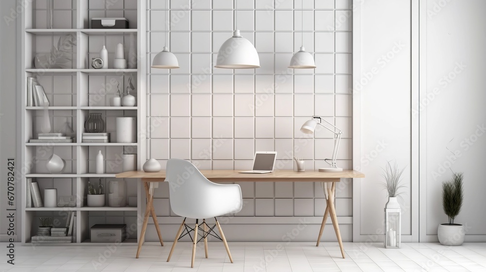 Cozy office interior background, wall mockup, 3d render. Decor concept ...