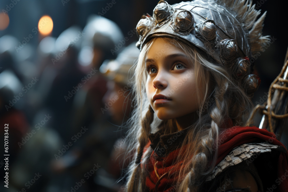 Young girl elf in helmet and armor, face of elven child with blue eyes ...