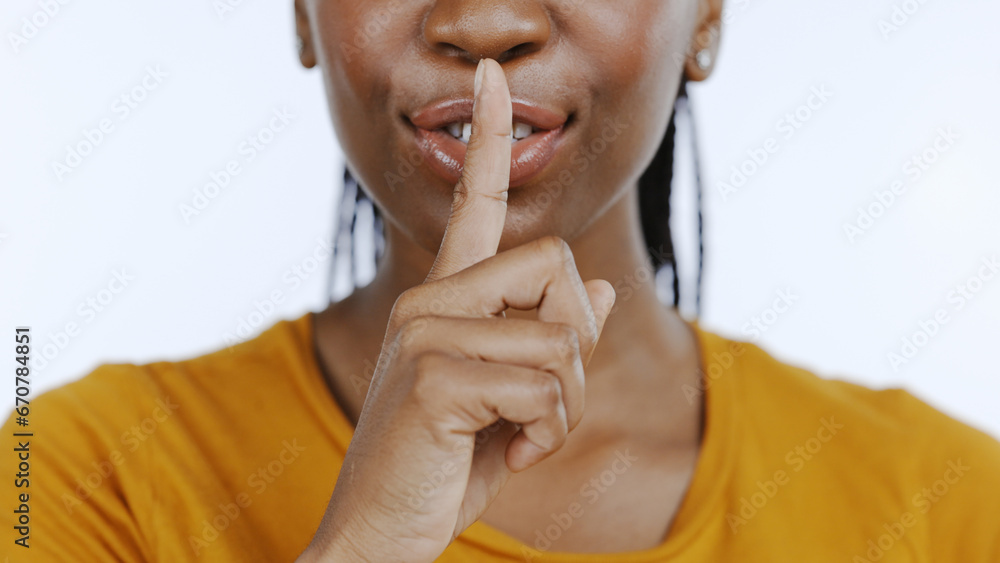 Secret, finger to lips and black woman in studio for privacy ...