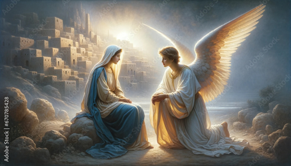 Moments of The Annunciation between the Blessed Virgin Mary and the Archangel Angel Gabriel ...