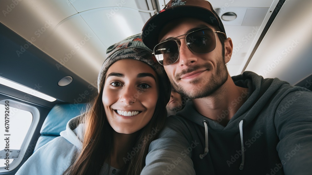 Happy tourist taking selfie inside airplane - Cheerful couple on summer ...