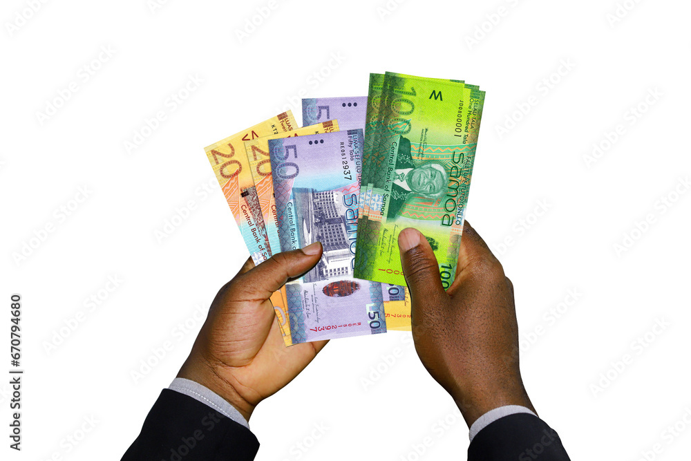 Black Hands in suit holding 3D rendered Samoan Tala notes Stock Photo ...