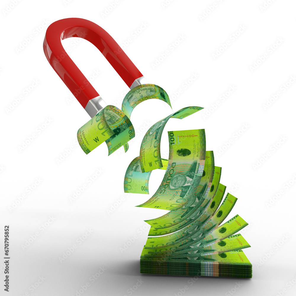 3D rendering of Horseshoe magnet attracting Samoan tala notes isolated ...